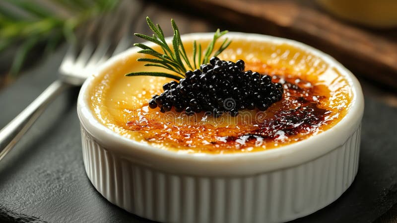 Luxury Dessert Creme Brulee Pudding Decorated with Black Caviar Close ...