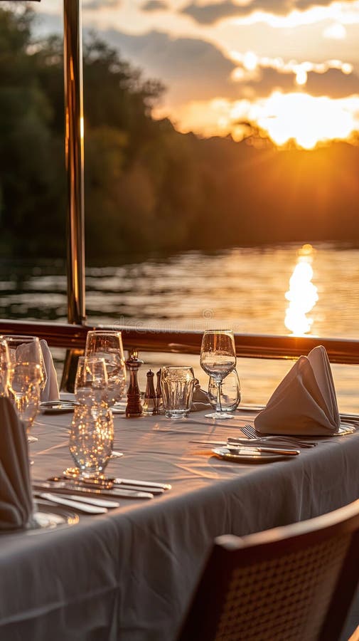 A Luxury Dining Cruise with Elegantly Set Tables Overlooking the Stock ...