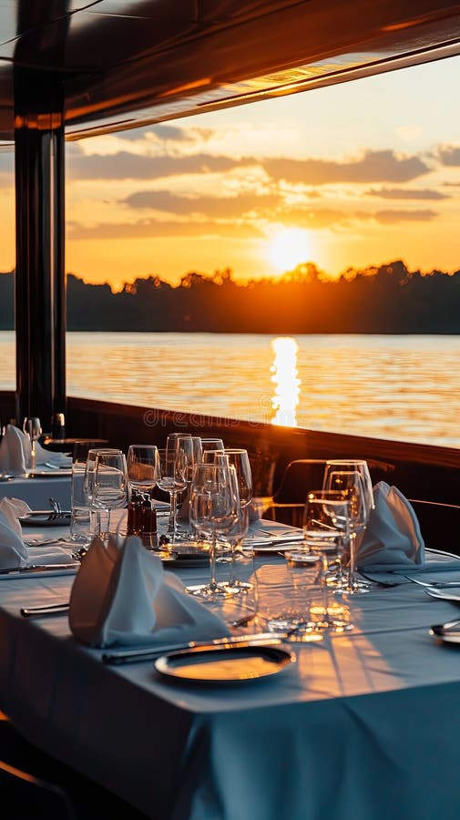 A Luxury Dining Cruise with Elegantly Set Tables Overlooking the Stock ...