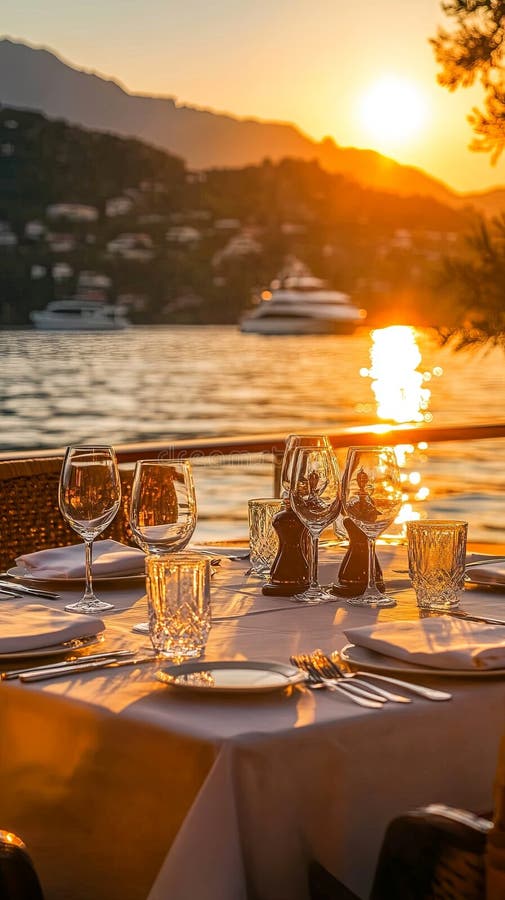 A Luxury Dining Cruise with Elegantly Set Tables Overlooking the Stock ...