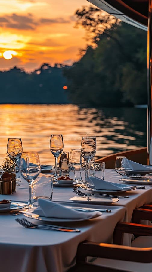 A Luxury Dining Cruise with Elegantly Set Tables Overlooking the Stock ...