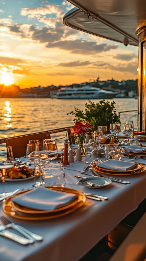 A Luxury Dining Cruise with Elegantly Set Tables Overlooking the Stock ...