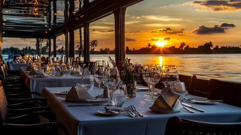 A Luxury Dining Cruise with Elegantly Set Tables Overlooking the Stock ...