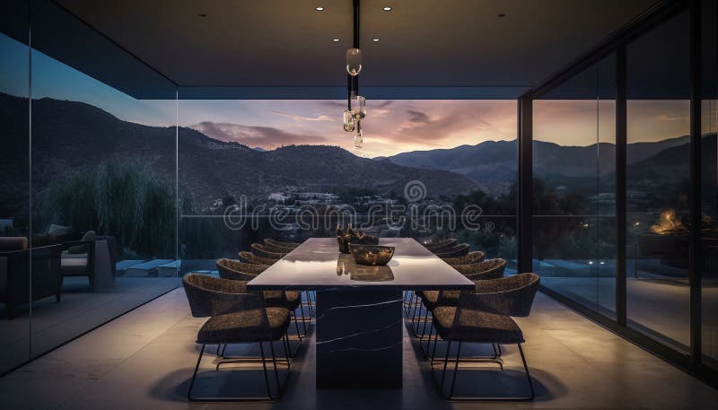 Luxury Dining Room with Modern Design, Overlooking Mountain Landscape ...