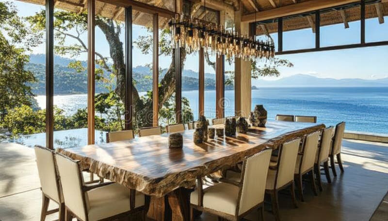 Luxury Dining Room with Ocean View through Panoramic Windows Stock ...