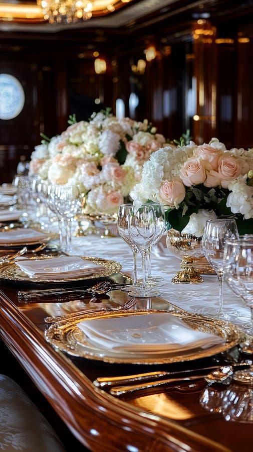A Luxury Dining Table Setup with Polished Silverware and Floral Stock ...