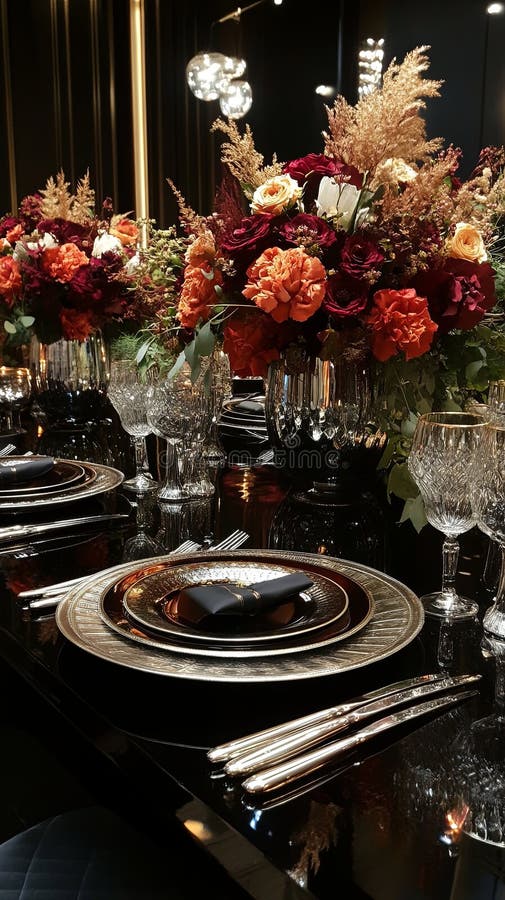 A Luxury Dining Table Setup with Polished Silverware and Floral Stock ...