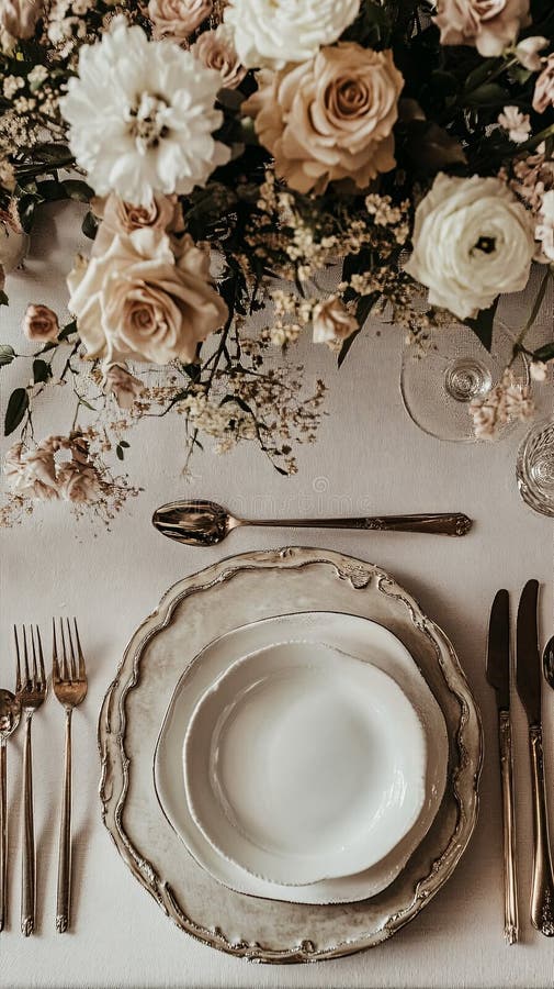 A Luxury Dining Table Setup with Polished Silverware and Floral Stock ...