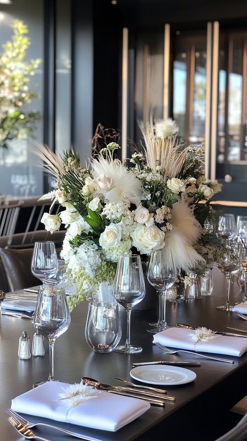 A Luxury Dining Table Setup with Polished Silverware and Floral Stock ...