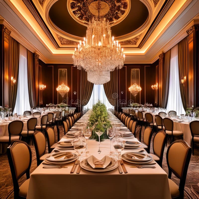 Luxury Dinner Table in a Restaurant with Crystal Chandelier Stock ...