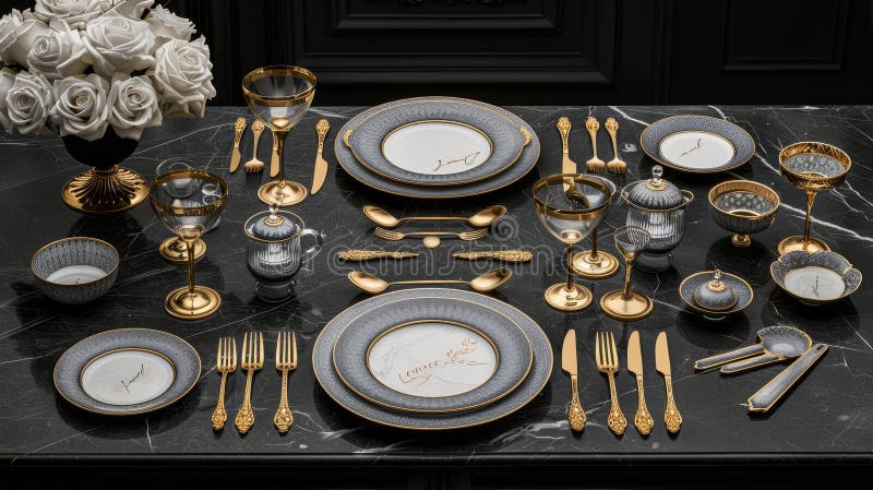 Luxury Dinnerware Table Setting with Gold Cutlery and Gray Plates on ...