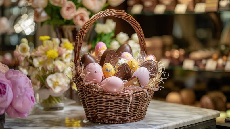 Luxury Easter Chocolate Eggs in a Decorative Basket Stock Photo - Image ...