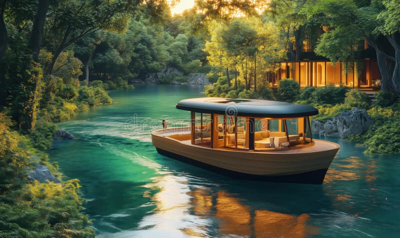 Luxury Eco-friendly Boat Cruising through Serene Forest River at Sunset ...