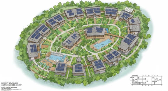 A Luxury Eco-resort Layout Features Multiple Buildings with Solar ...