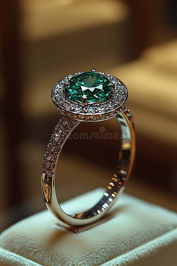 Luxury Emerald and Diamond Ring Showcased in Elegant Display. Captures Opulence, Commitment, and ...
