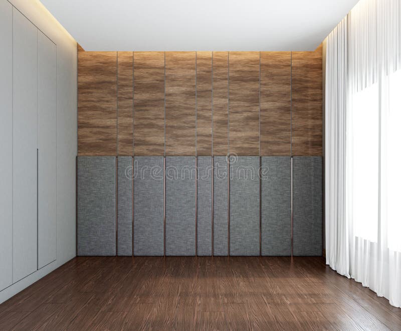 Luxury Empty Room with Wood Pattern Wall and Gray Wardrobe, Brown Wood ...