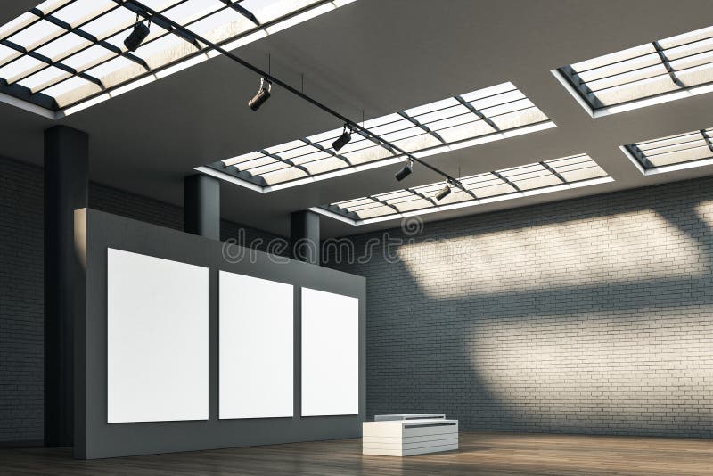 Luxury Exhibition Interior with Three Empty Banners on Wall Stock ...