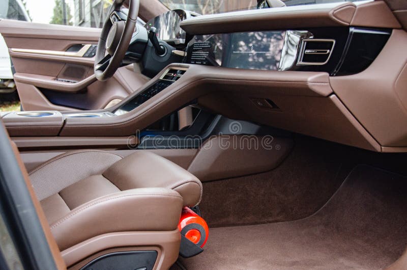 Luxury Expensive Modern Electric Car Interior with Beige Finish. Stock ...