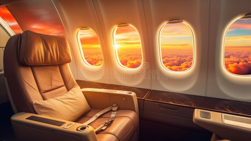 Luxury First Class Seat in Airplane at Sunset. Generative Ai Stock ...