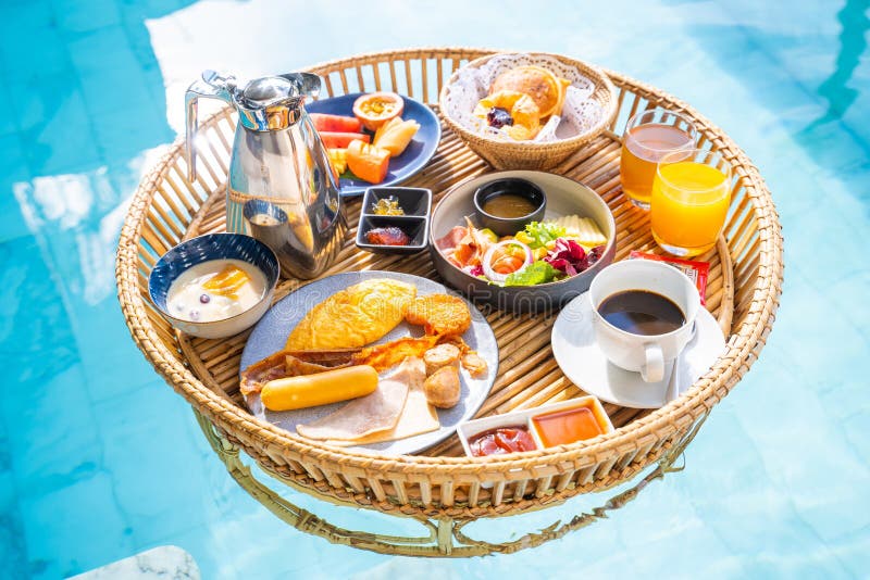 Floating Breakfast Tray in Swimming Pool at Luxury Hotel or Tropical ...