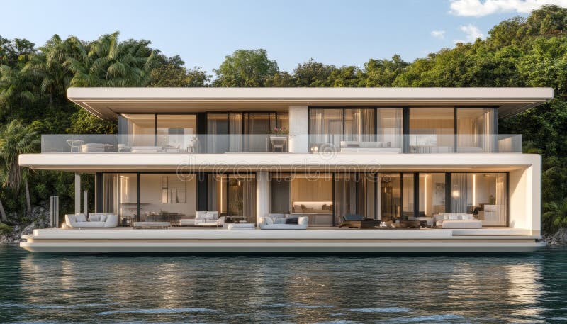 Luxury Floating House on Calm Ocean at Sunset, Modern Architecture ...