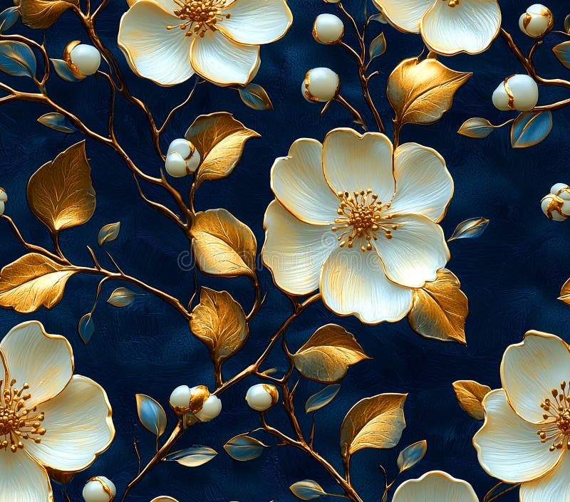 Luxury Floral Pattern White Flowers Gold Leaves on Deep Blue Background ...
