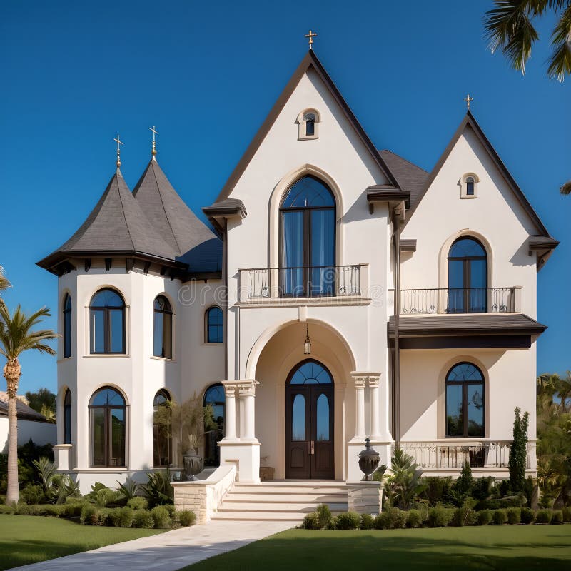 Luxury French-Style Mansion with Arched Windows and Doors. Stock ...