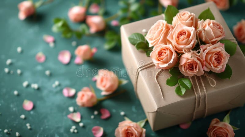 Luxury Gift Box with Roses on a Green Background Stock Photo - Image of ...