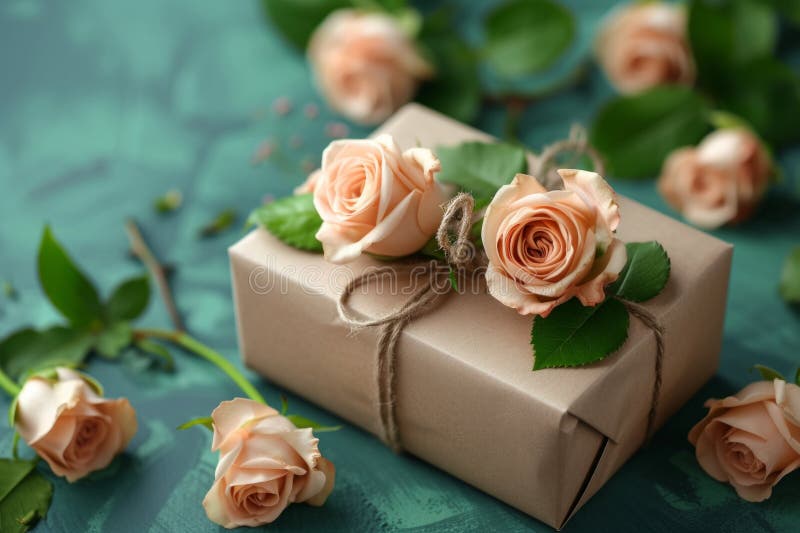 Luxury Gift Box with Roses on a Green Background Stock Image - Image of ...