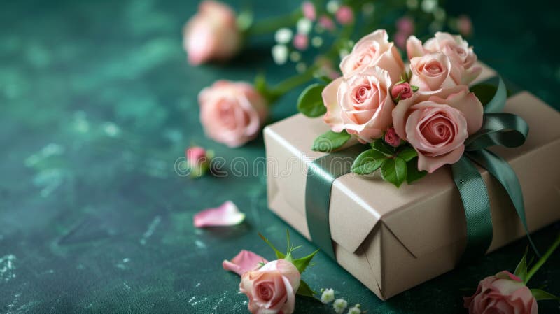 Luxury Gift Box with Roses on a Green Background Stock Image - Image of ...