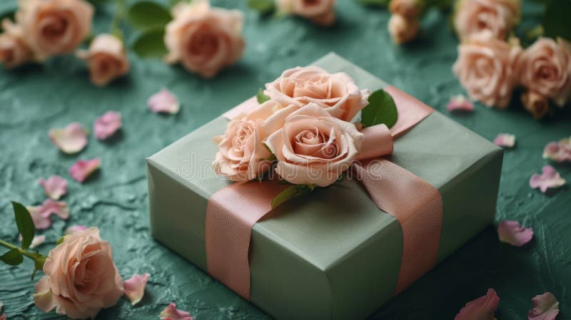 Luxury Gift Box with Roses on a Green Background Stock Image - Image of ...