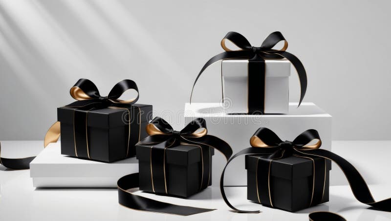 Luxury Gift Boxes with Black and Gold Ribbon. Stock Photo - Image of ...