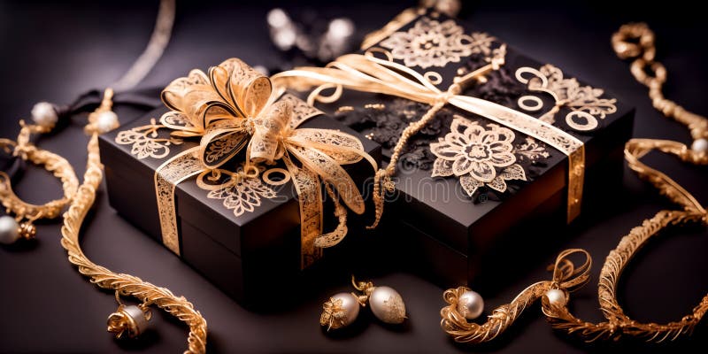 Luxury Gift Boxes with Golden Patterns and Jewelry, Concept for ...
