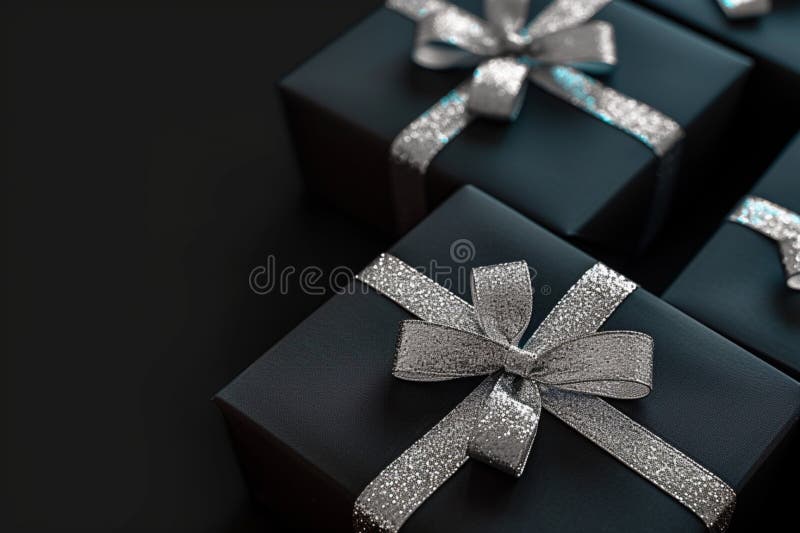 Luxury Gift Presentation Elegant Boxes with Silver Ribbons, Black ...