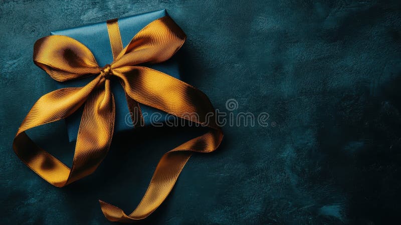Luxury Gift Teal Wrapped Present with Golden Bow on Dark Textured ...