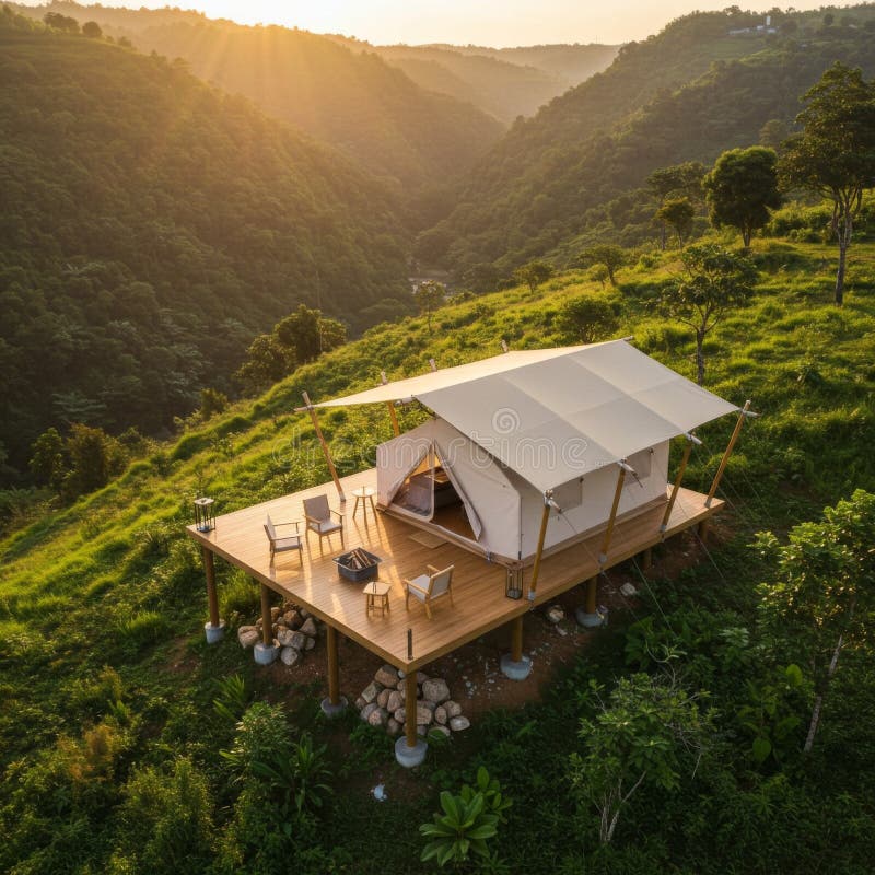 Luxury Glamping Tent on Hillside with Sunset View Stock Illustration ...
