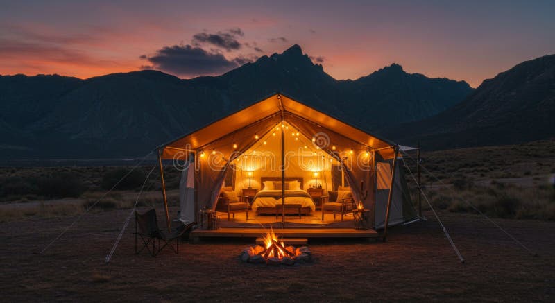 Luxury Glamping Tent at Sunset with Campfire and Mountain View Stock ...