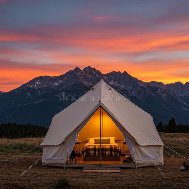 Luxury Glamping Tent at Sunset in Mountain Range Stock Illustration ...