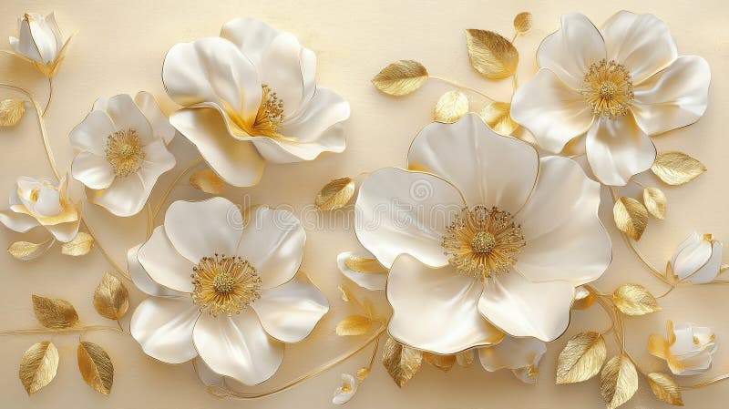 Luxury Gold, Cream Flowers Create 3D Mural Wallpaper Design. Beautiful ...