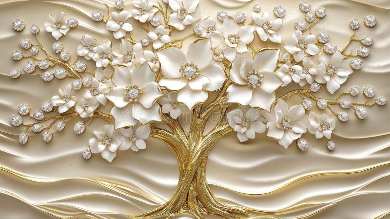 Luxury Gold Tree with White Flowers. Elegant Design with 3D Effect ...
