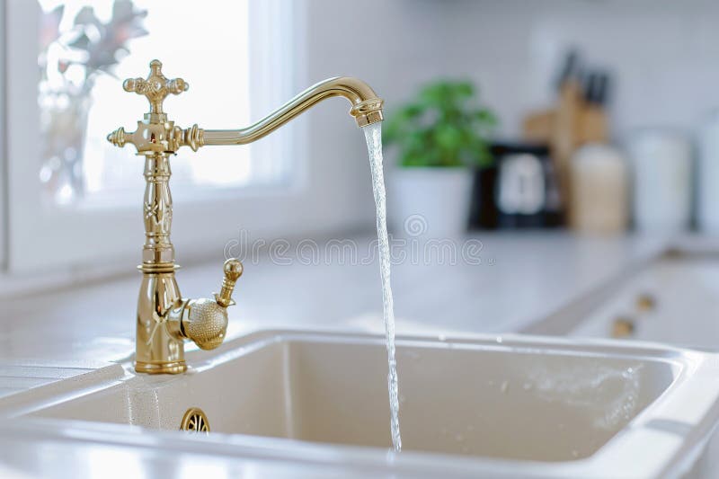 Luxury Golden Kitchen Faucet with Clear Running Water Stock Photo ...