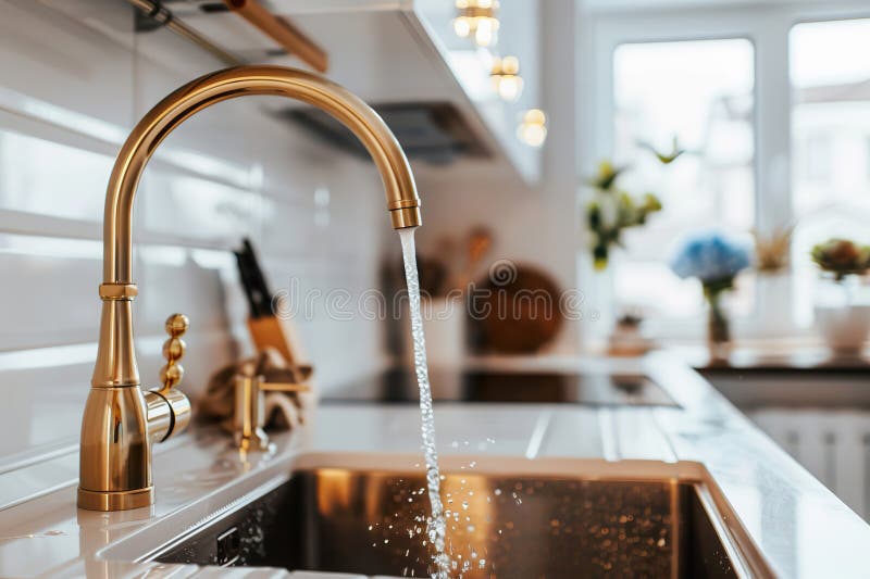 Luxury Golden Kitchen Faucet with Clear Running Water Stock Image ...
