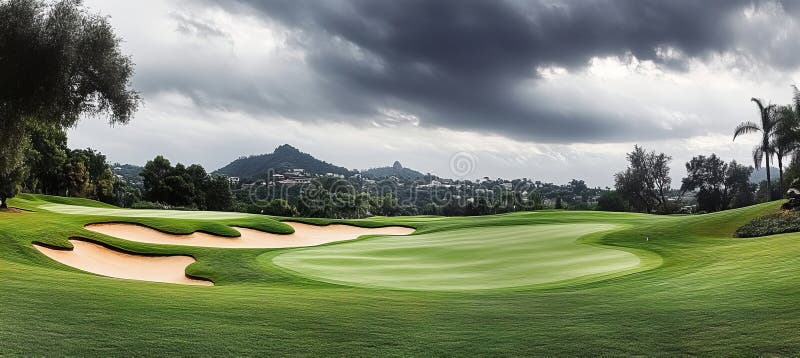 Luxury Golf Course. Scenic View of Green Fields, Hills, and a Sky ...