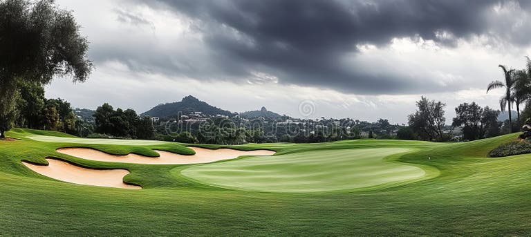 Luxury Golf Course. Scenic View of Green Fields, Hills, and a Sky ...