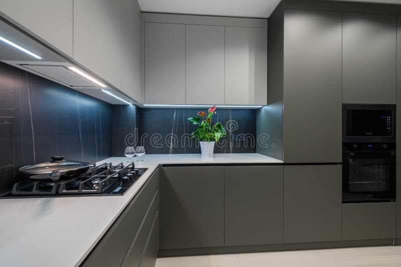Luxury Grey, White and Blue Kitchen Details in the Corner Stock Photo ...