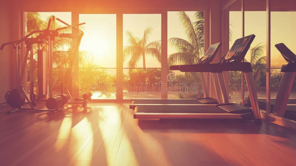 Luxury Gym with Ocean View at Sunset Stock Illustration - Illustration ...