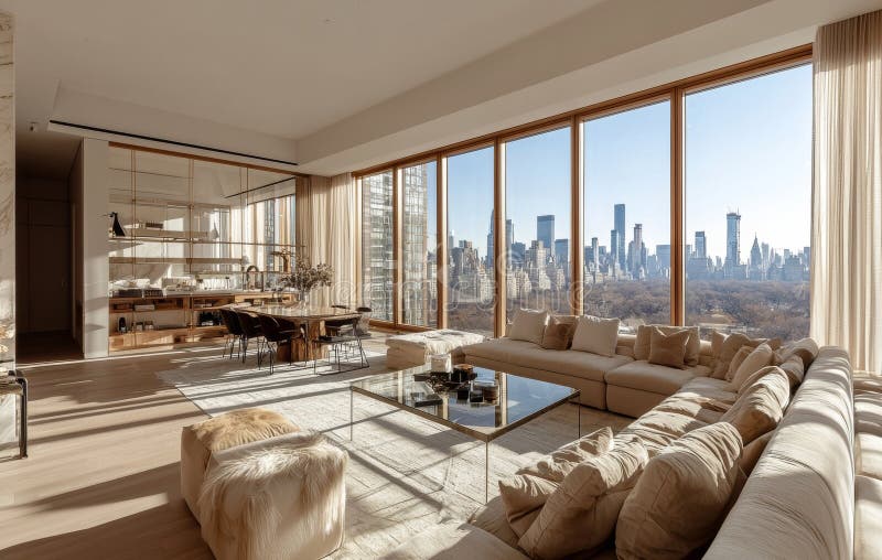 A Luxury High-rise Apartment Featuring a Living Room and Dining Room ...