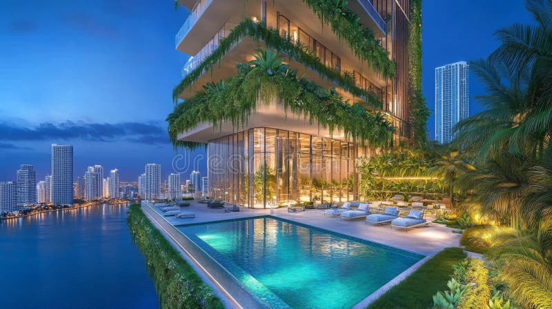 Luxury High-Rise Building with Rooftop Pool and City View at Night ...