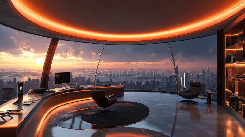 Luxury Highrise Office with Panoramic City Sunset View Stock ...