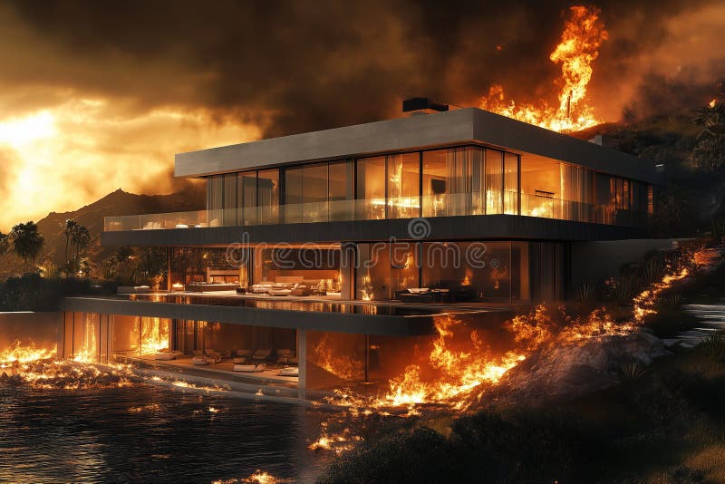 Luxury Hillside Home Engulfed in Flames with Striking Glass Windows ...